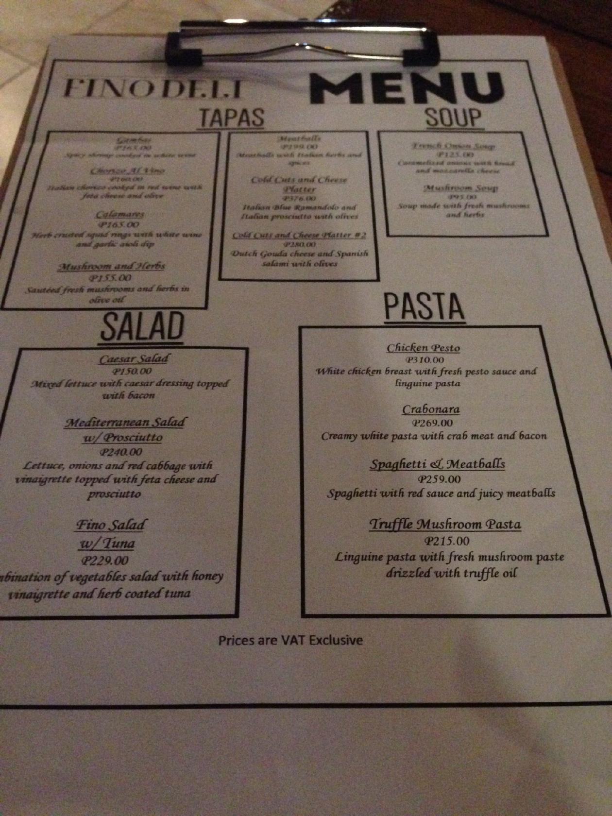 Menu at Fino Deli restaurant, Marikina