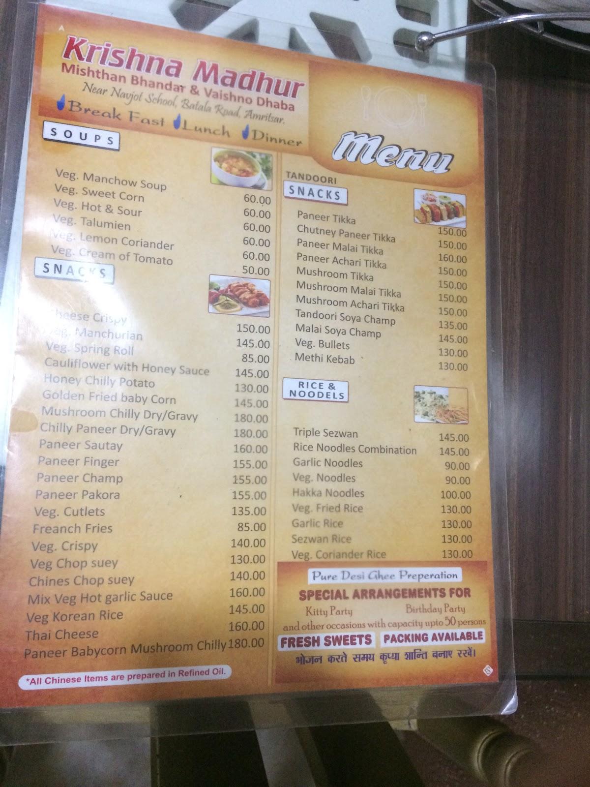 Menu at Krishna Madhur Mishthan Bhandar And Vaishno Dhaba, Amritsar, 2