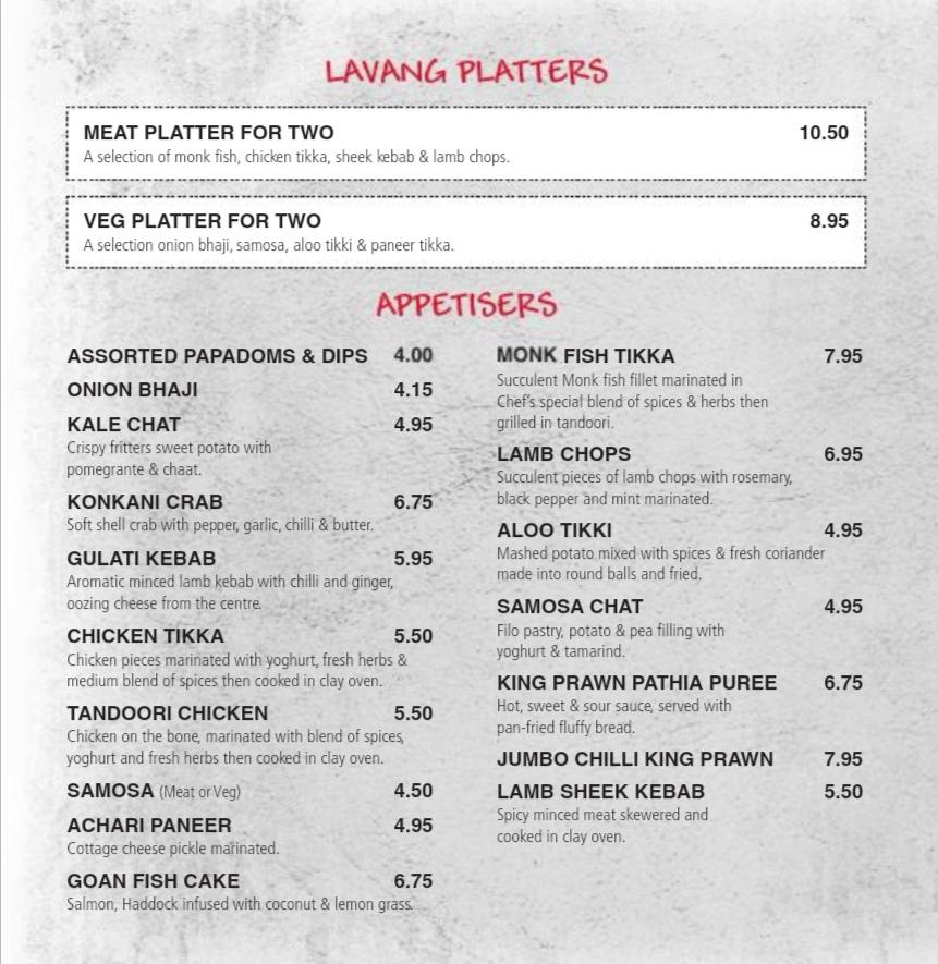 Menu at Lavang Indian Gastronomy (Ash Vale) restaurant, Aldershot