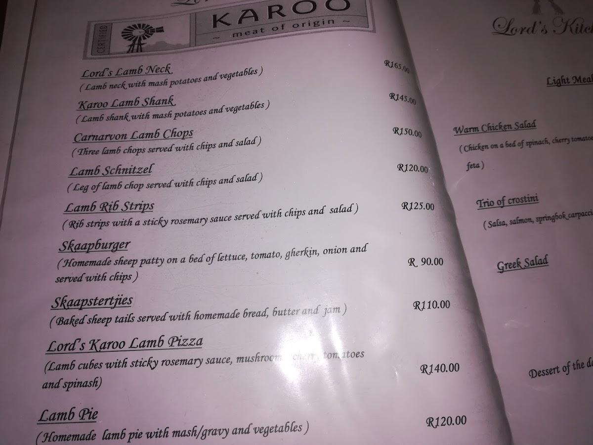 Menu at Lord's Kitchen Carnarvon restaurant, Carnarvon