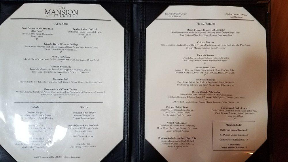 Menu at Mansion At Bald Hill restaurant, Woodstock