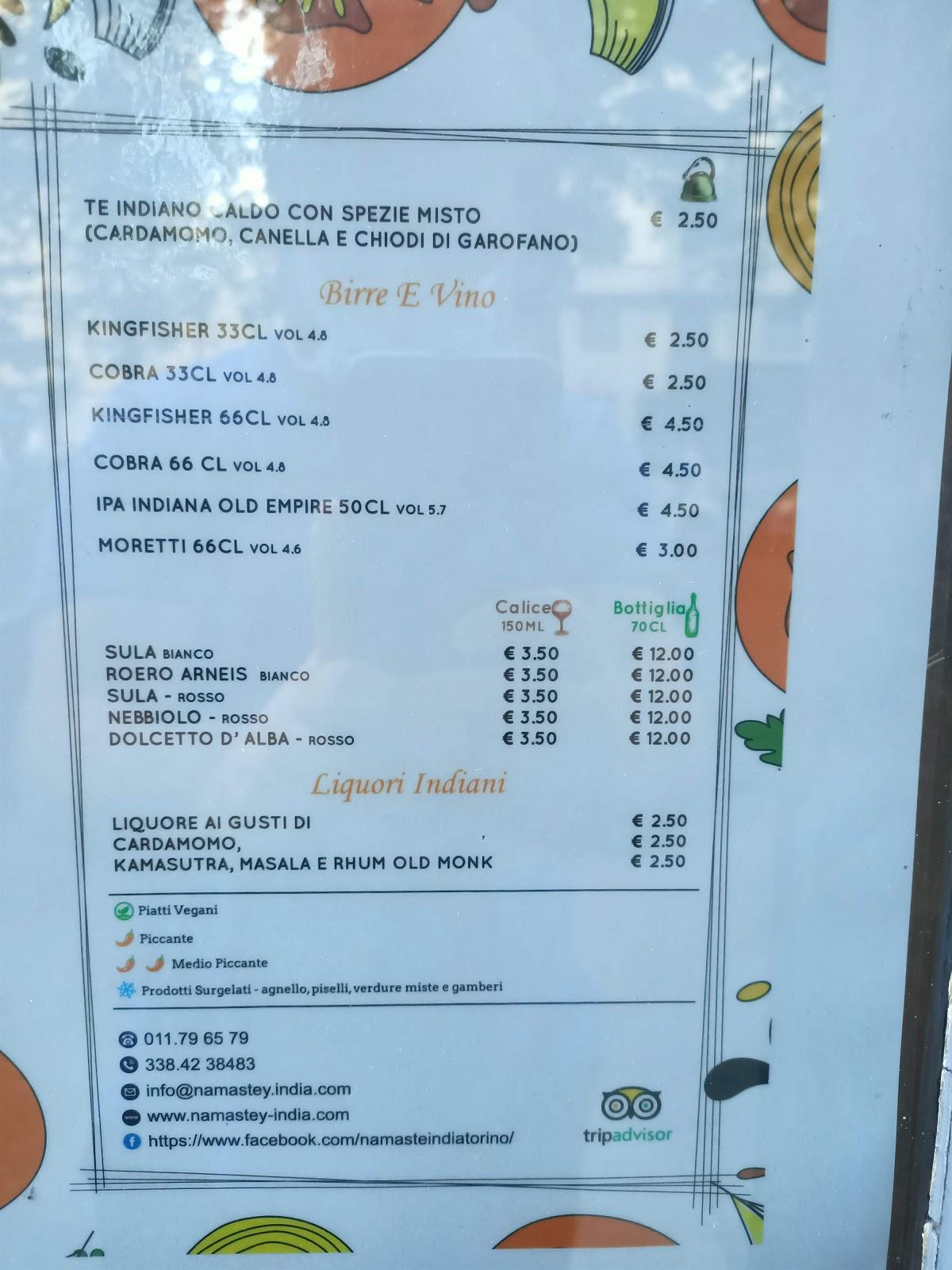 Menu da Namaste India ristorante, Torino