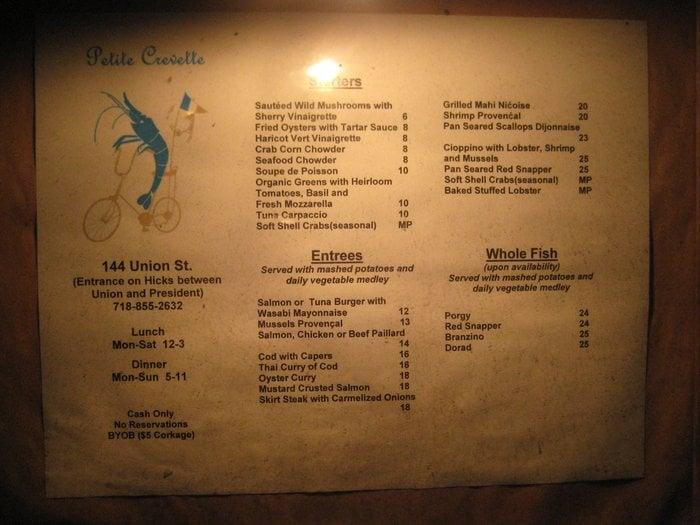 Menu at Petite Crevette restaurant, New York City, 144 Union St