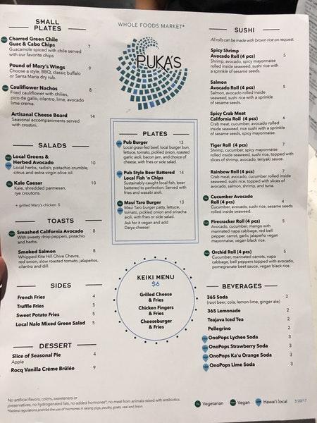 Menu at Puka's pub & bar, Honolulu
