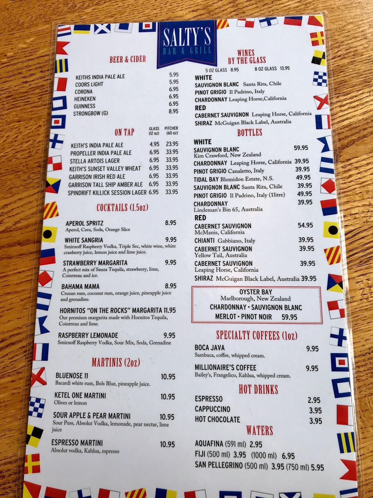 Menu at Salty's restaurant, Halifax