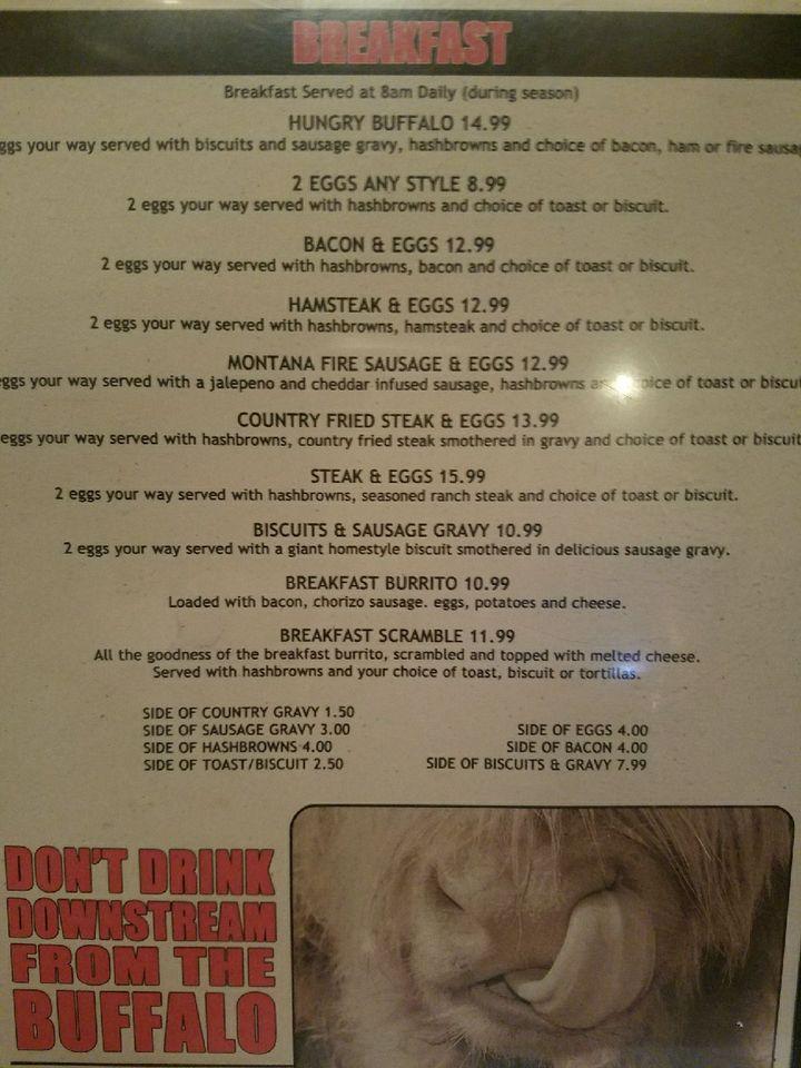 Menu at The Buffalo Bar, West Yellowstone