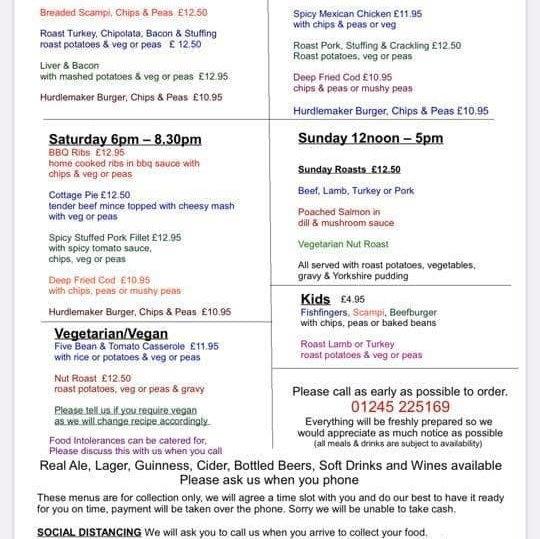 Menu at The Hurdlemakers Arms pub & bar, Woodham Mortimer, Post Office Rd