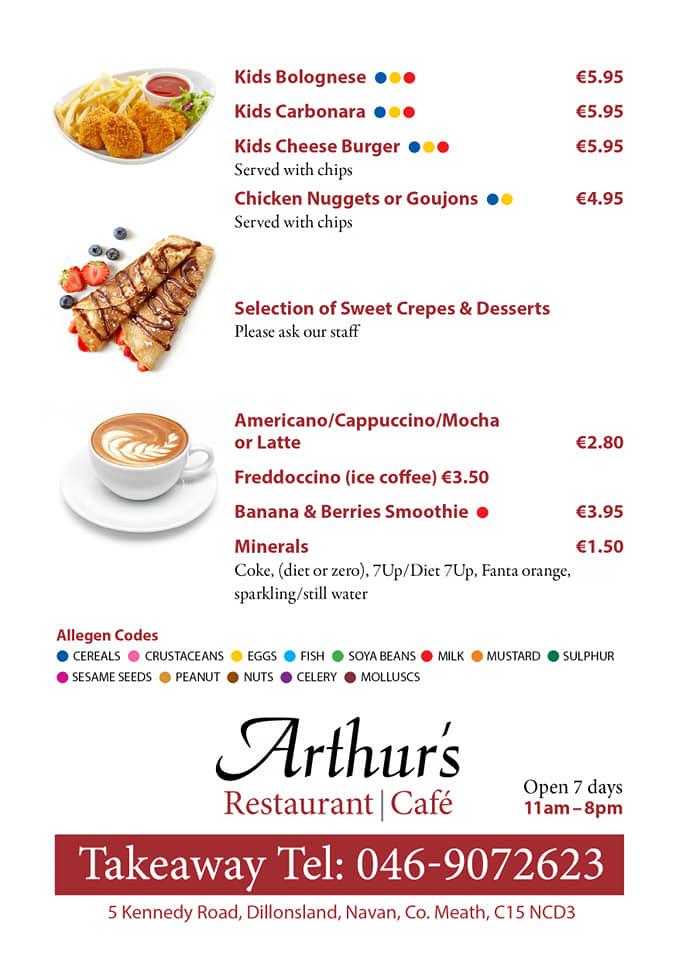 Menu at Arthur's Place cafe, Navan