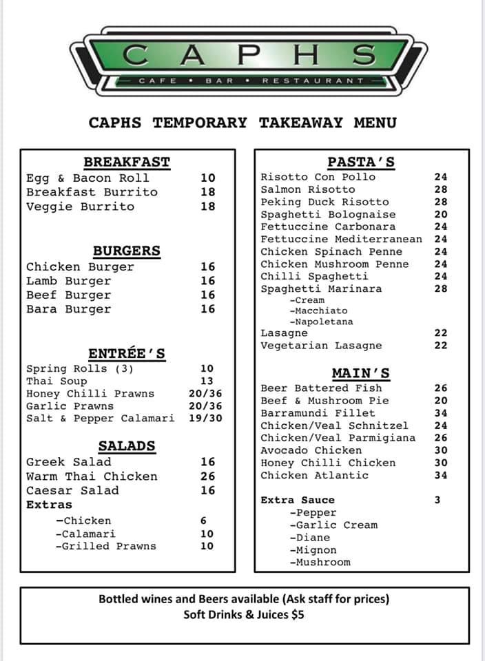 Menu at Caph's Restaurant & Bar, Griffith