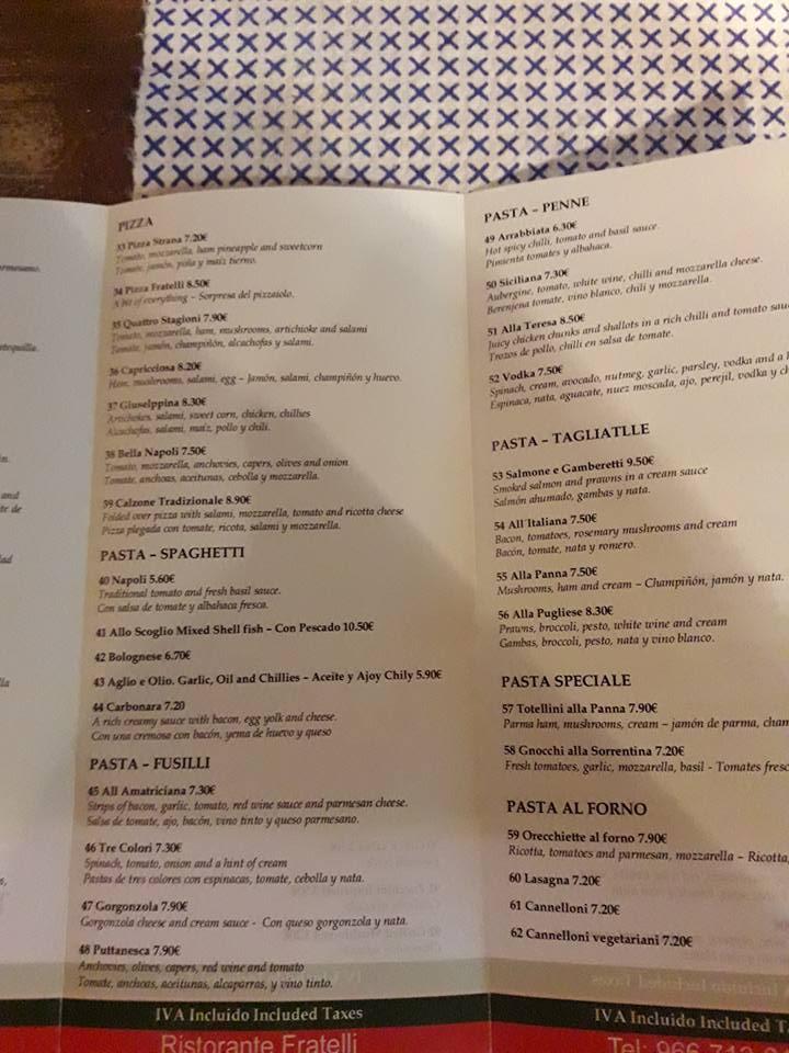 Menu at Fratelli Ristorante Italiano pizzeria, Benijófar