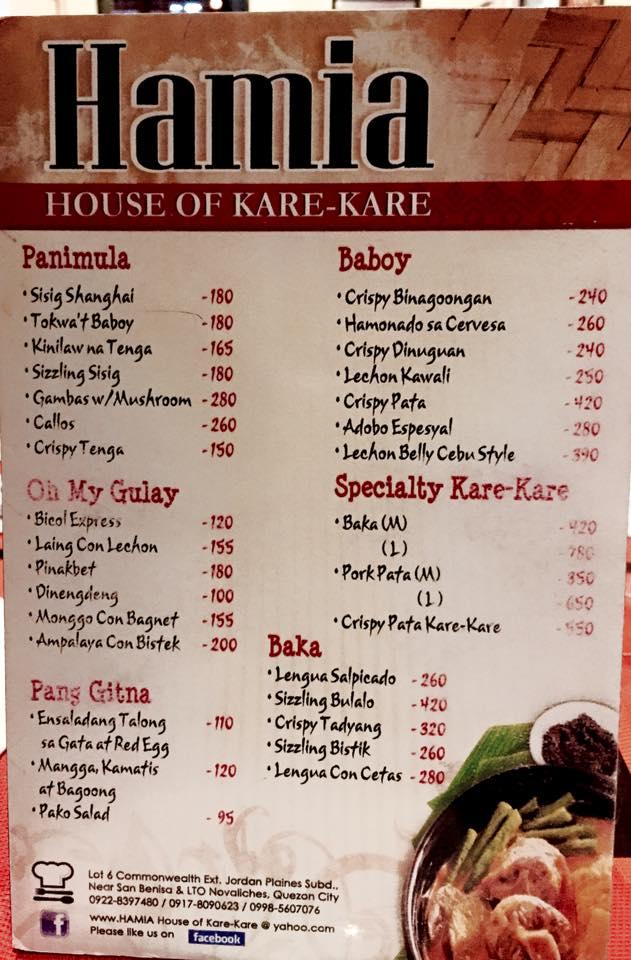 Menu at Hamia House Of Kare-kare restaurant, Quezon City, P2GX+C9M
