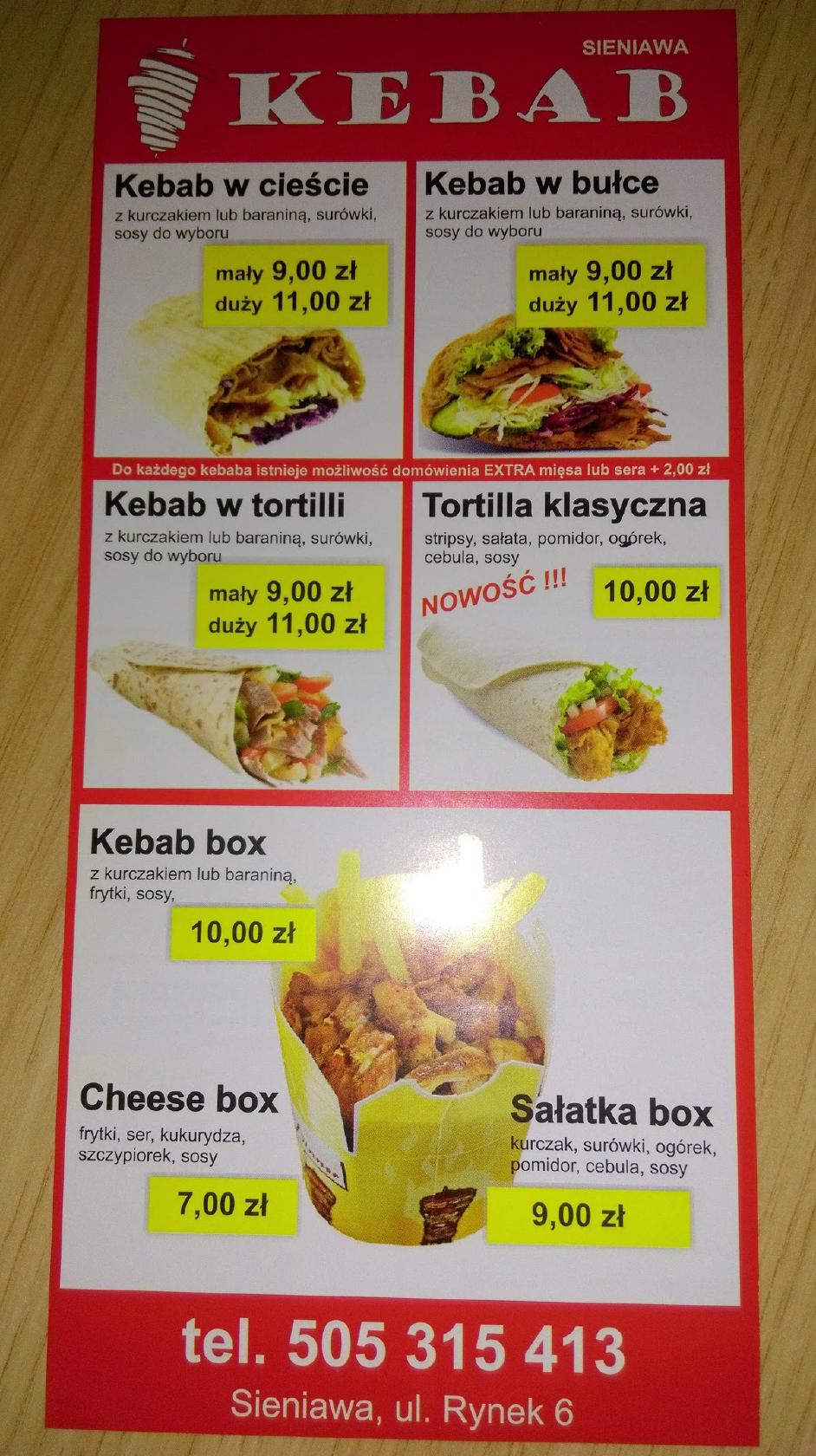 Menu at Kebab restaurant, Sieniawa