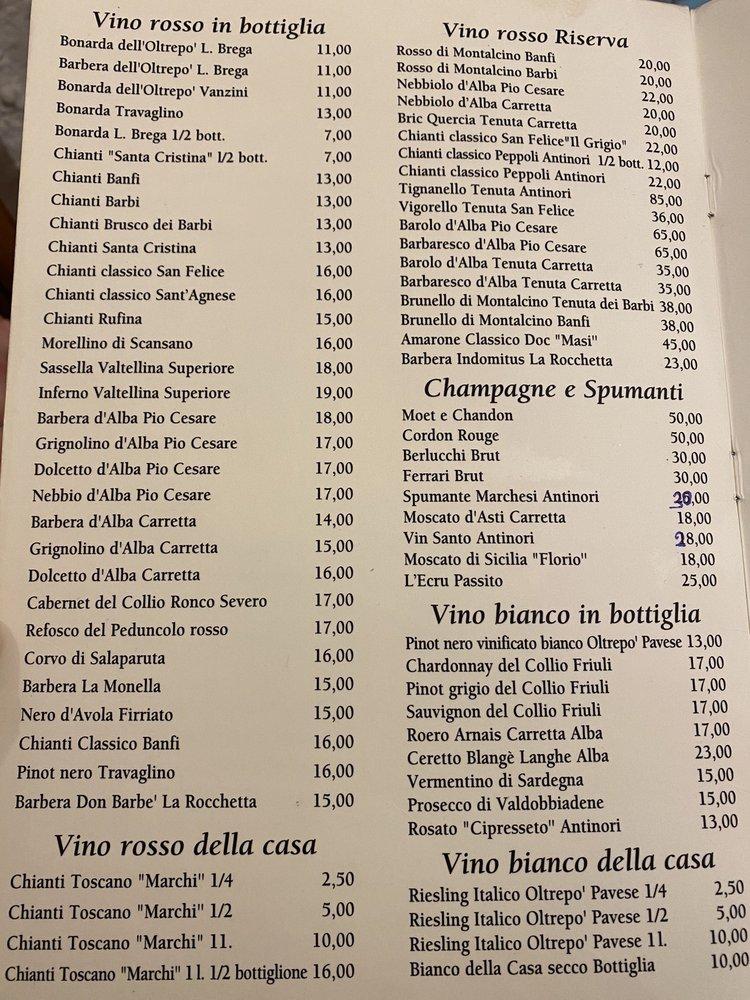 Menu at La Cantinetta restaurant, Milan, Via Giuseppe Ripamonti