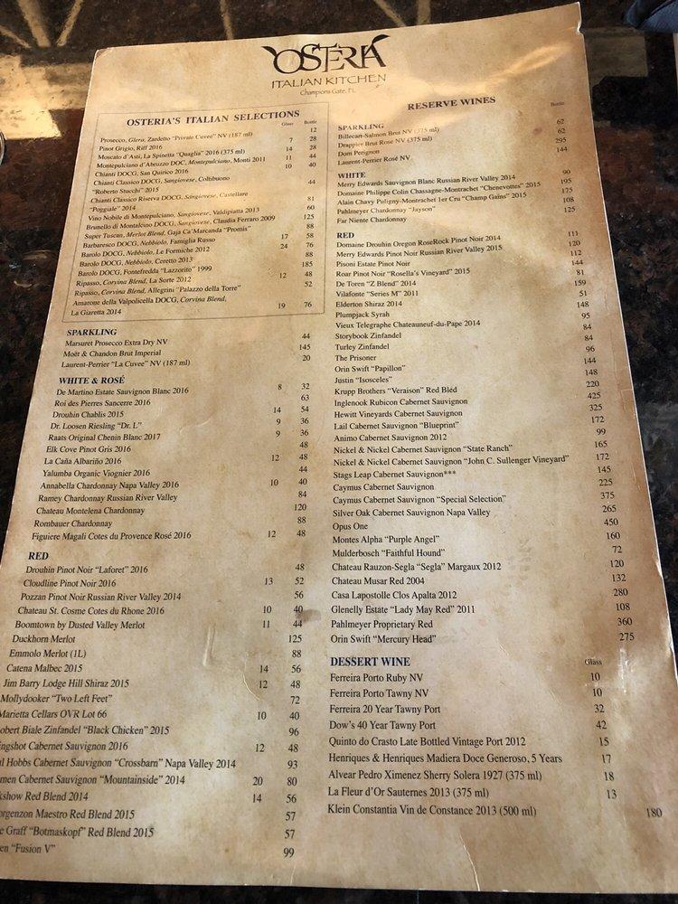 Menu at Osteria Italian Kitchen steakhouse, Four Corners, Champions ...