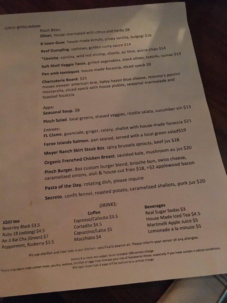 Menu at PINCH KITCHEN+BAR, Miami