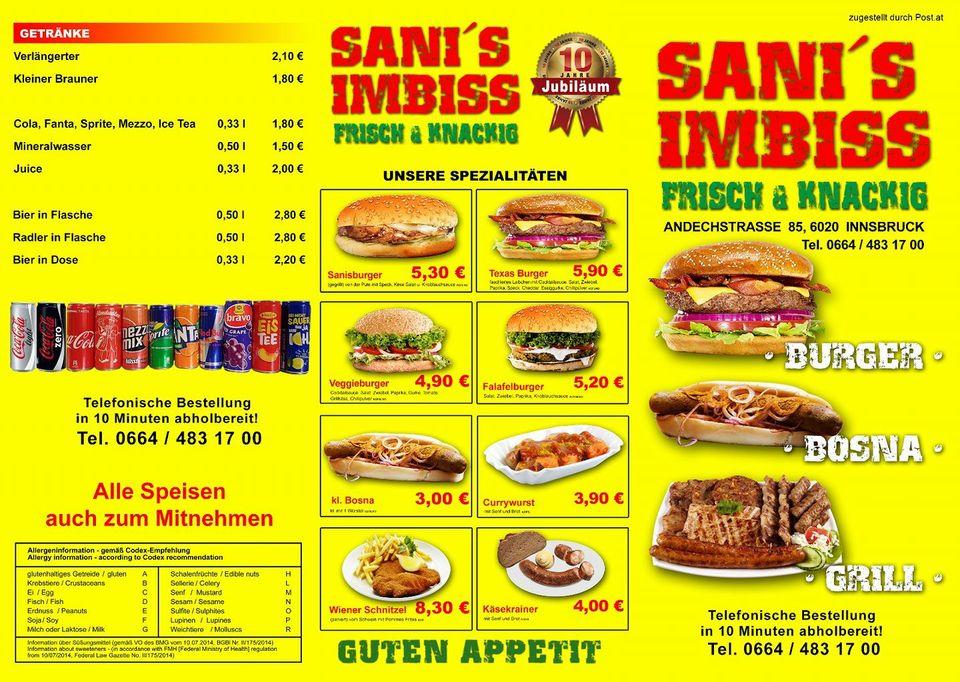 Menu at Sani's Imbiss restaurant, Innsbruck