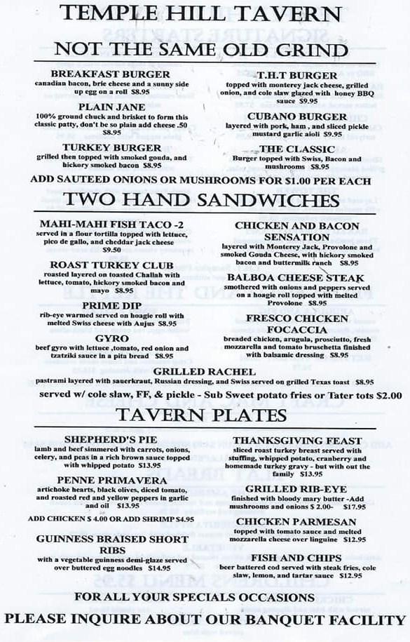 Menu at Temple Hill Tavern pub & bar, New Windsor