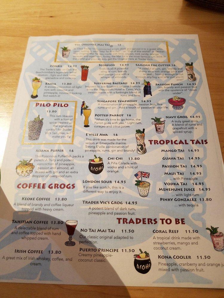 Menu at Trader Vic's pub & bar, San Jose