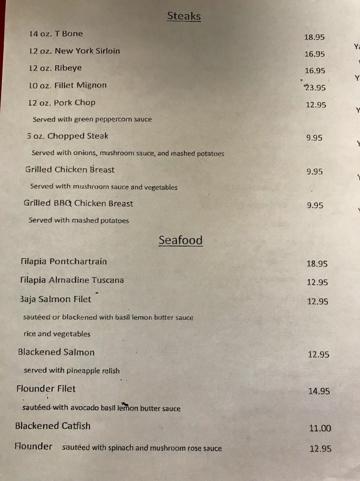 Menu at Yani's Steak House restaurant, Bellville
