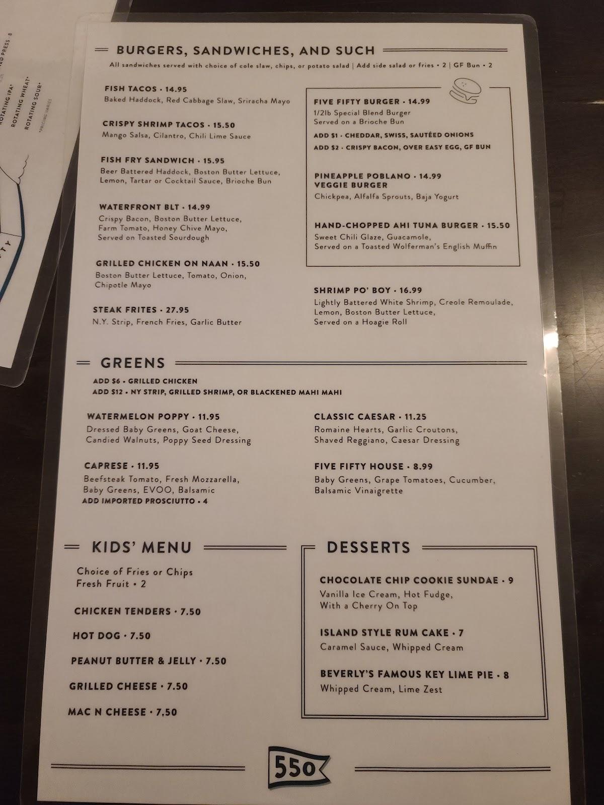 Menu at 550 Waterfront by Druthers restaurant, Saratoga Springs