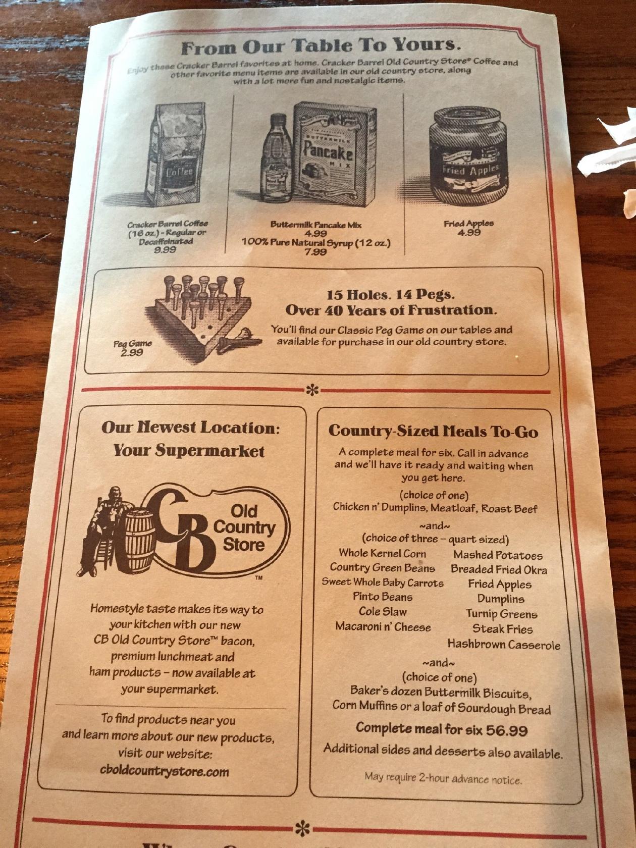 Menu at Cracker Barrel Old Country Store, Yuma, S Sunridge Dr
