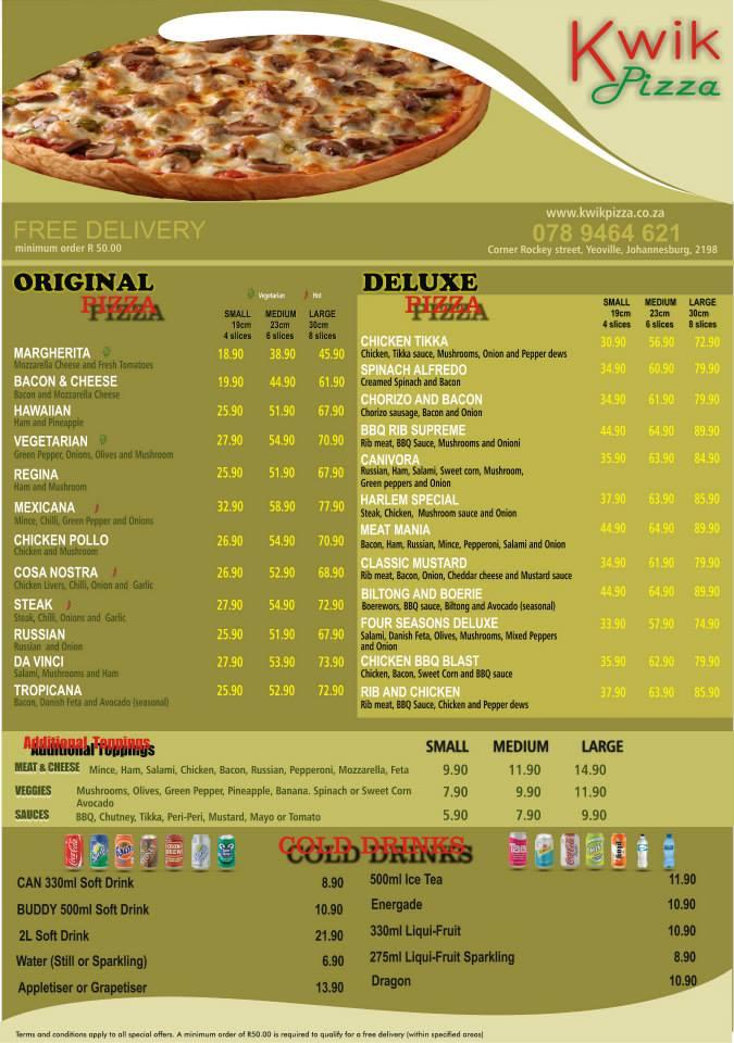 Menu at Kwik Pizza restaurant, Johannesburg