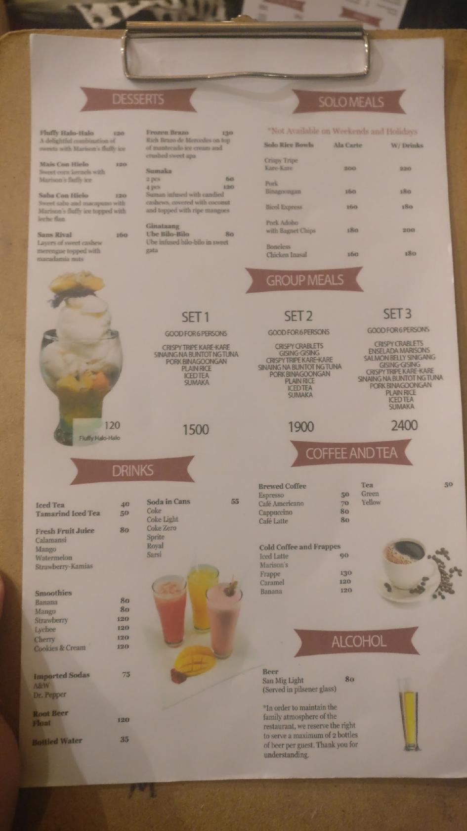 Menu at Marison's restaurant, Antipolo, Mille Luce