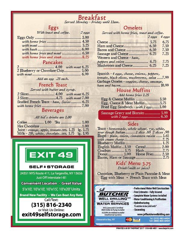Menu at Two Sister’s Diner, Theresa, NY-37