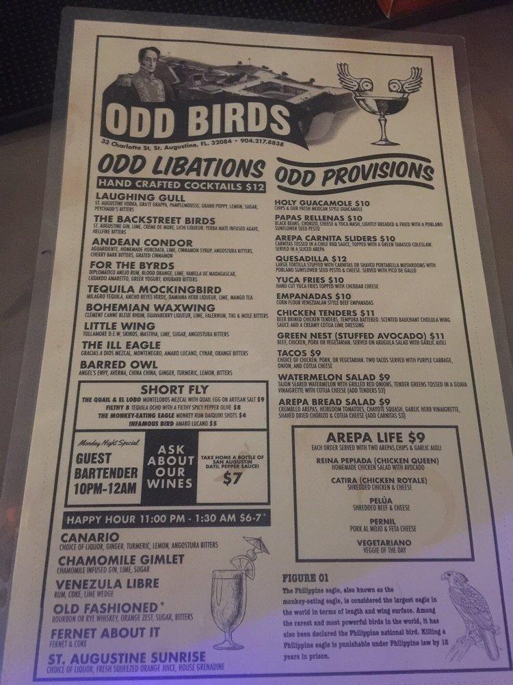 Menu at Odd Birds Kitchen and Cocktail Lounge pub & bar, St. Augustine