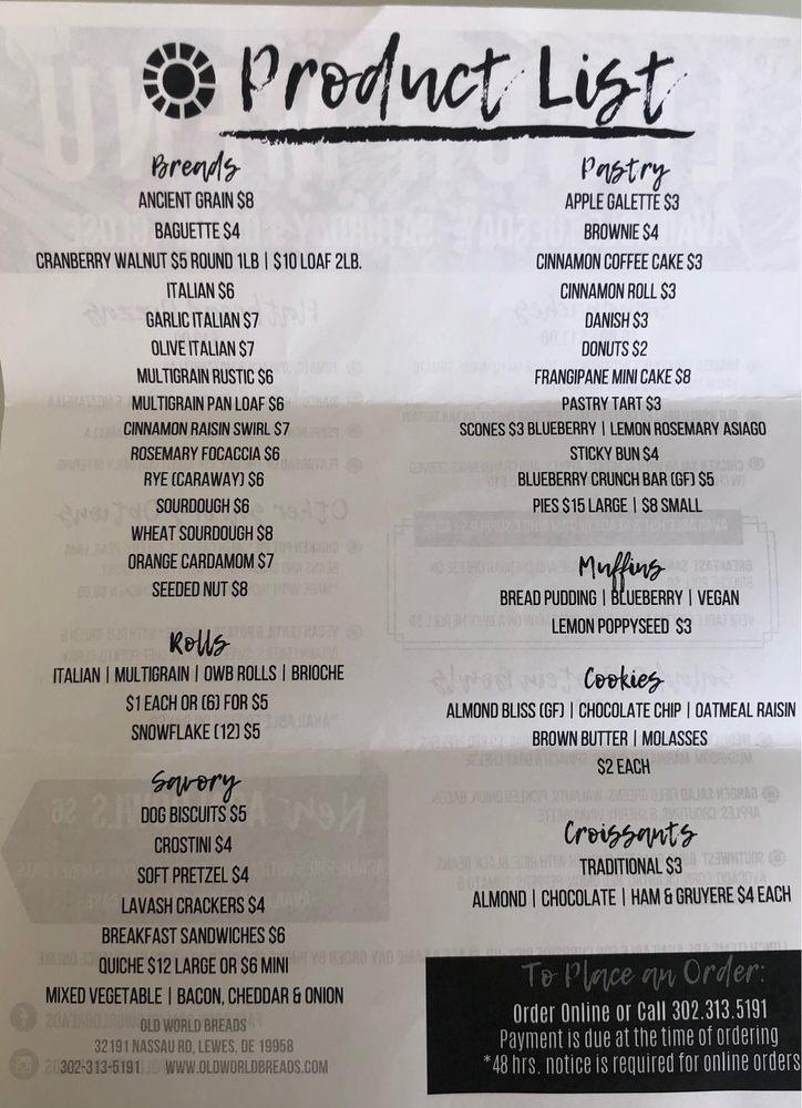 Menu at Old World Breads Bakery, Lewes