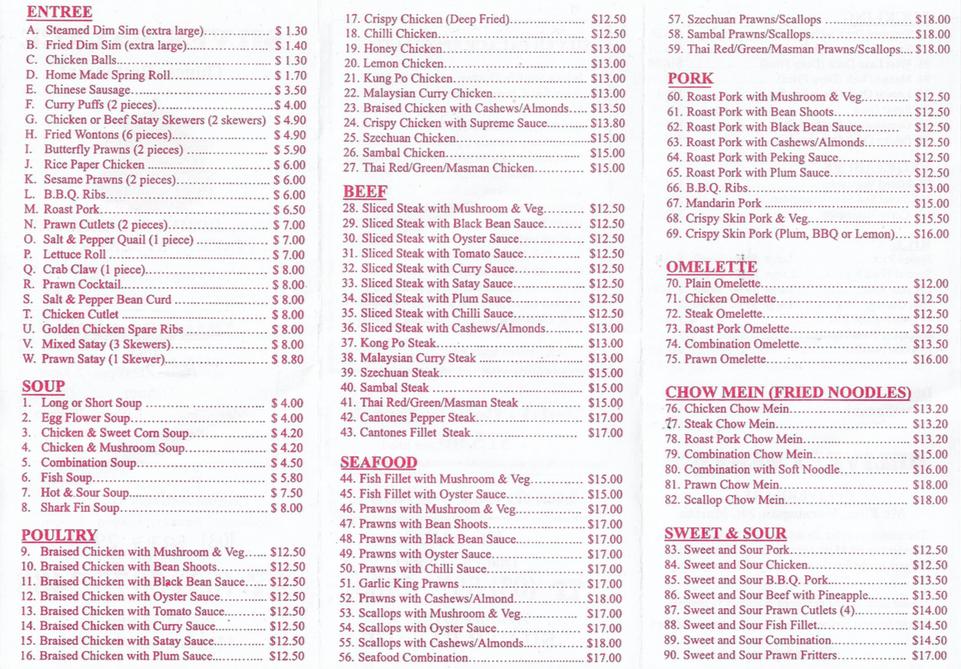 Menu at Silver Palace restaurant, Mornington