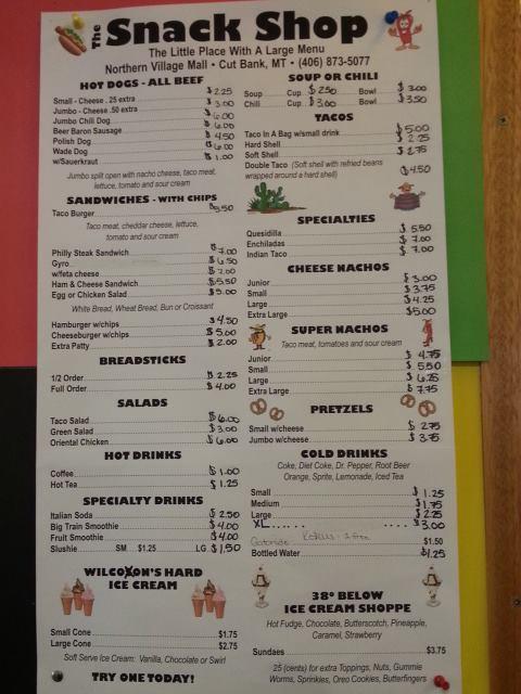 Menu at R Snack Shop restaurant, Cut Bank