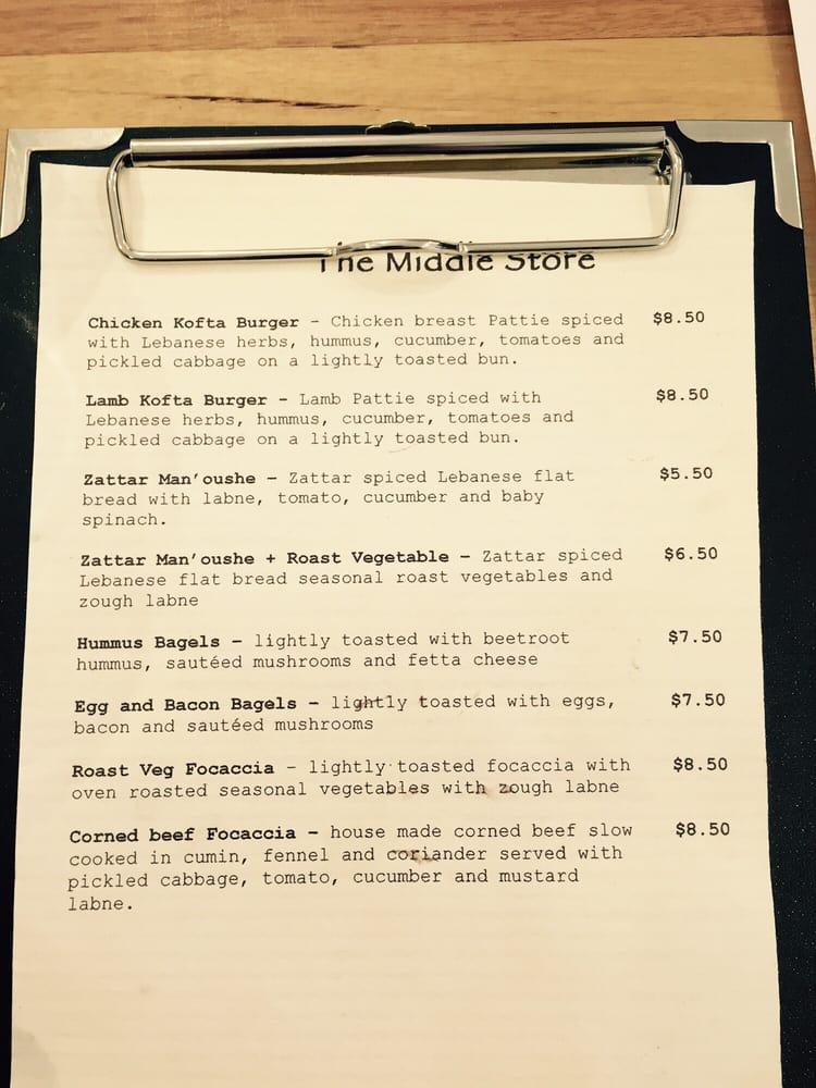Menu at The Middle Store cafe, Melrose Park