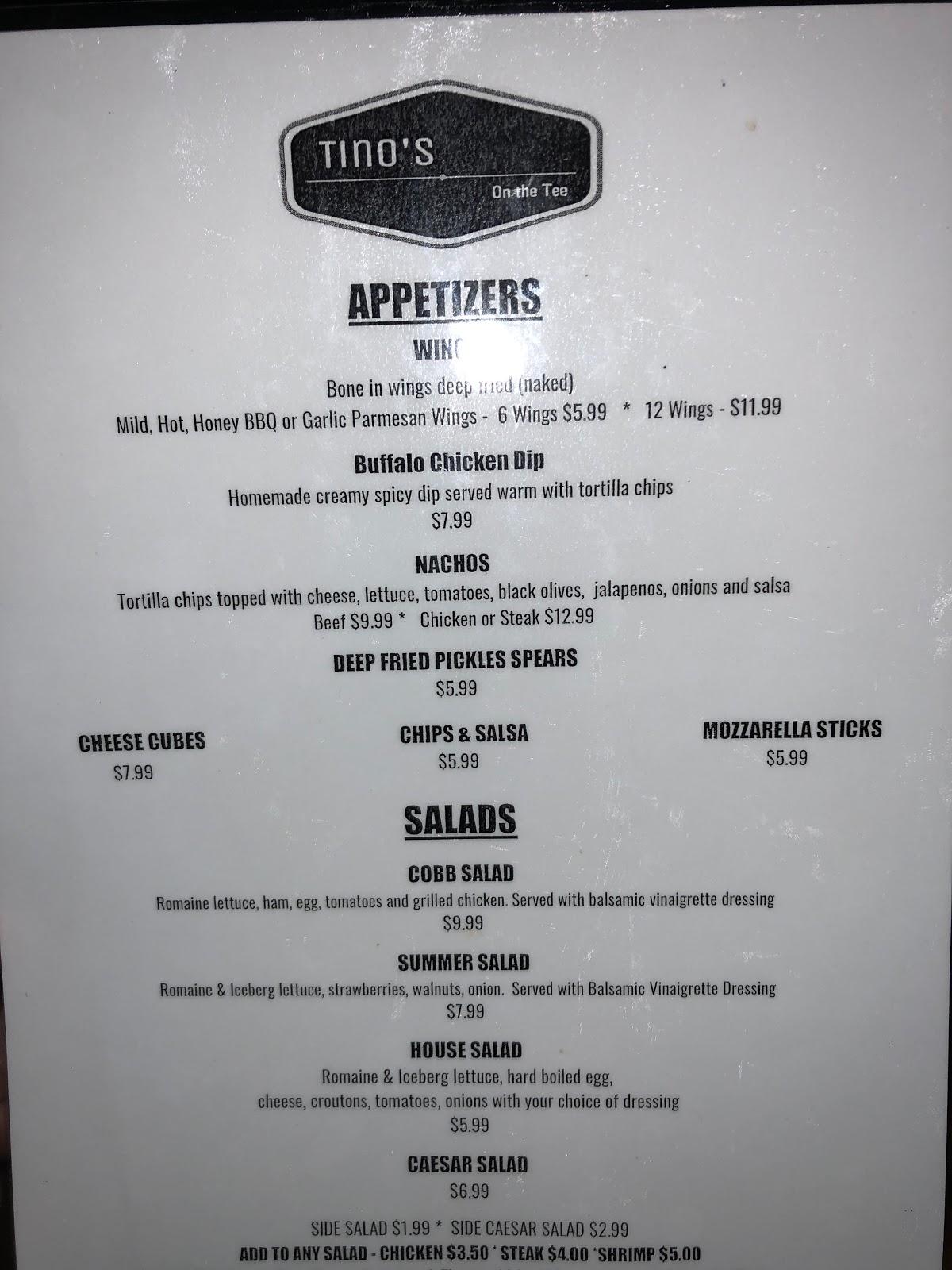 Menu at Tino’s On the Tee restaurant, Benton