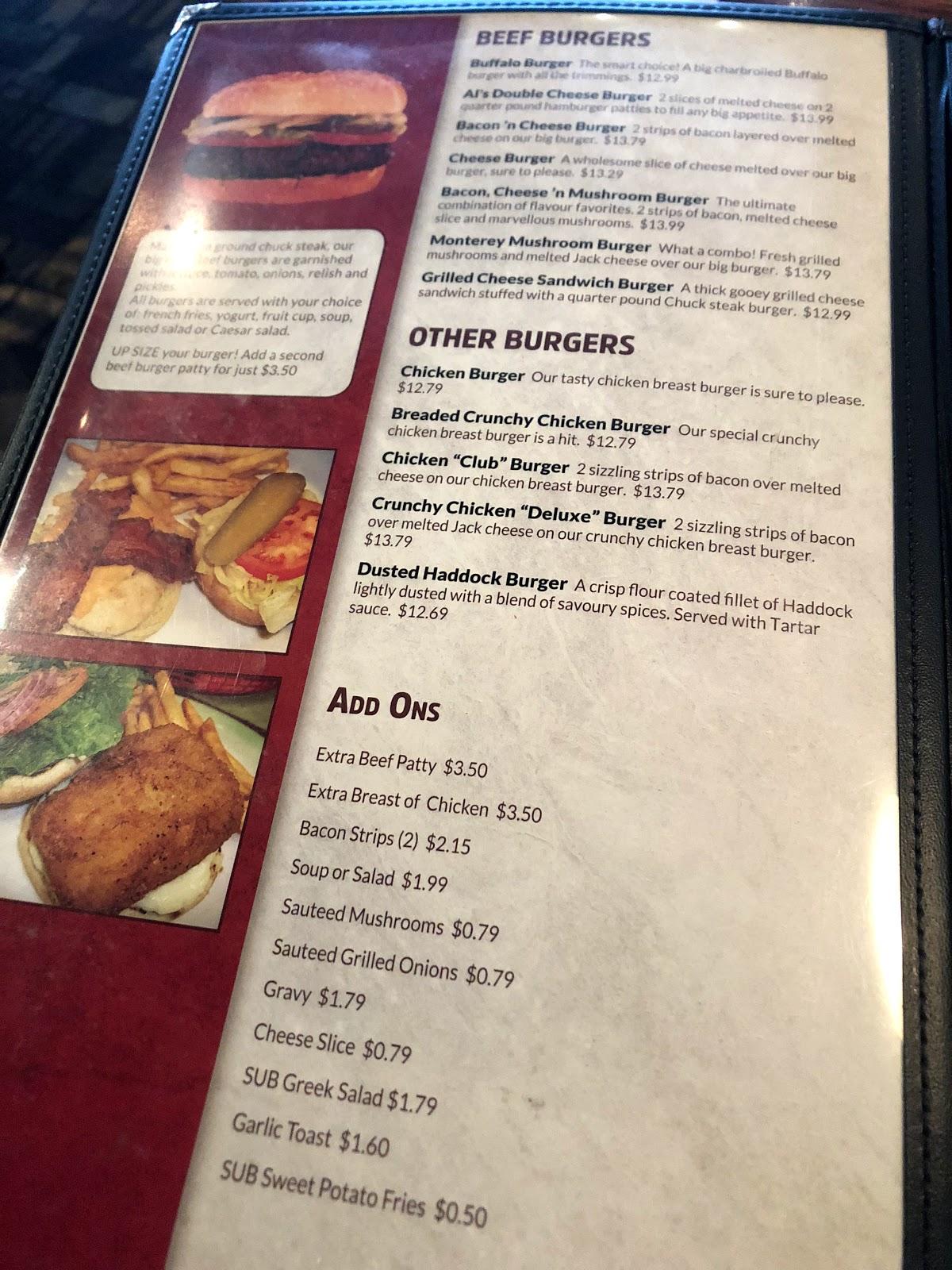 Menu at Albert's restaurant, Red Deer
