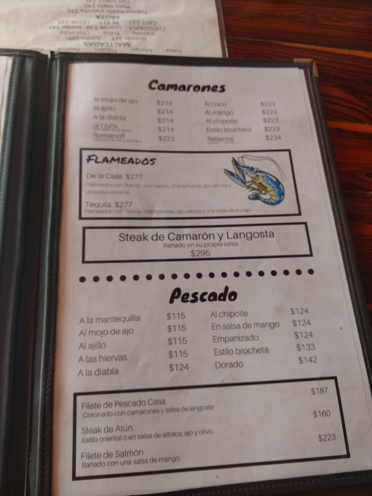 Menu at El Camarón Azul restaurant, Ixtapa