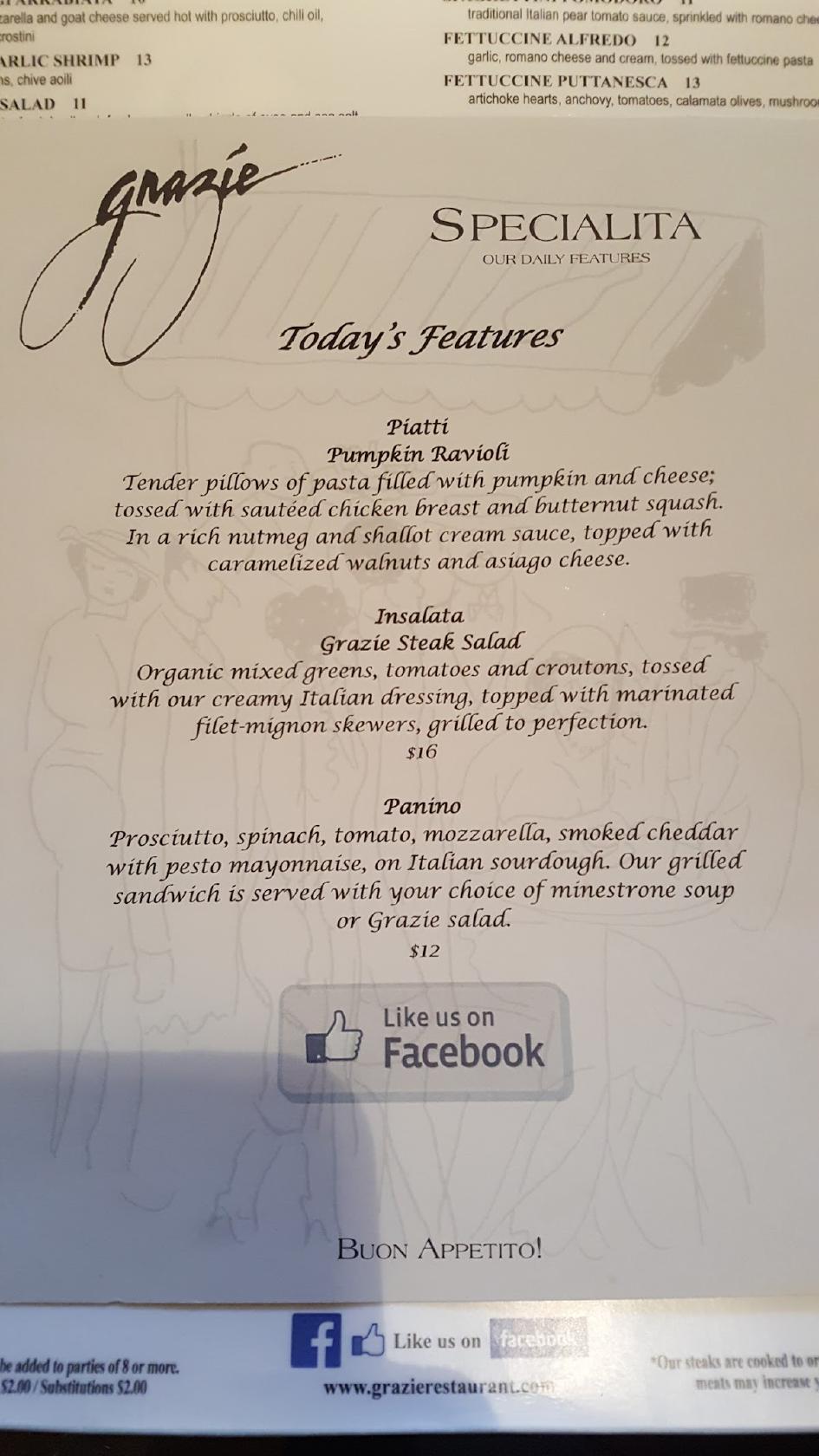 Menu at Grazie Ristorante Southcenter restaurant, Tukwila