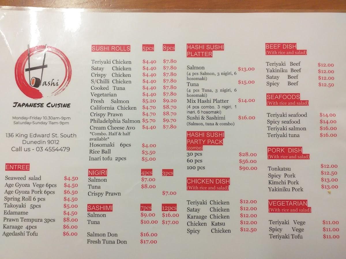 Menu at Hashi Japanese Cuisine South Dunedin restaurant, Dunedin