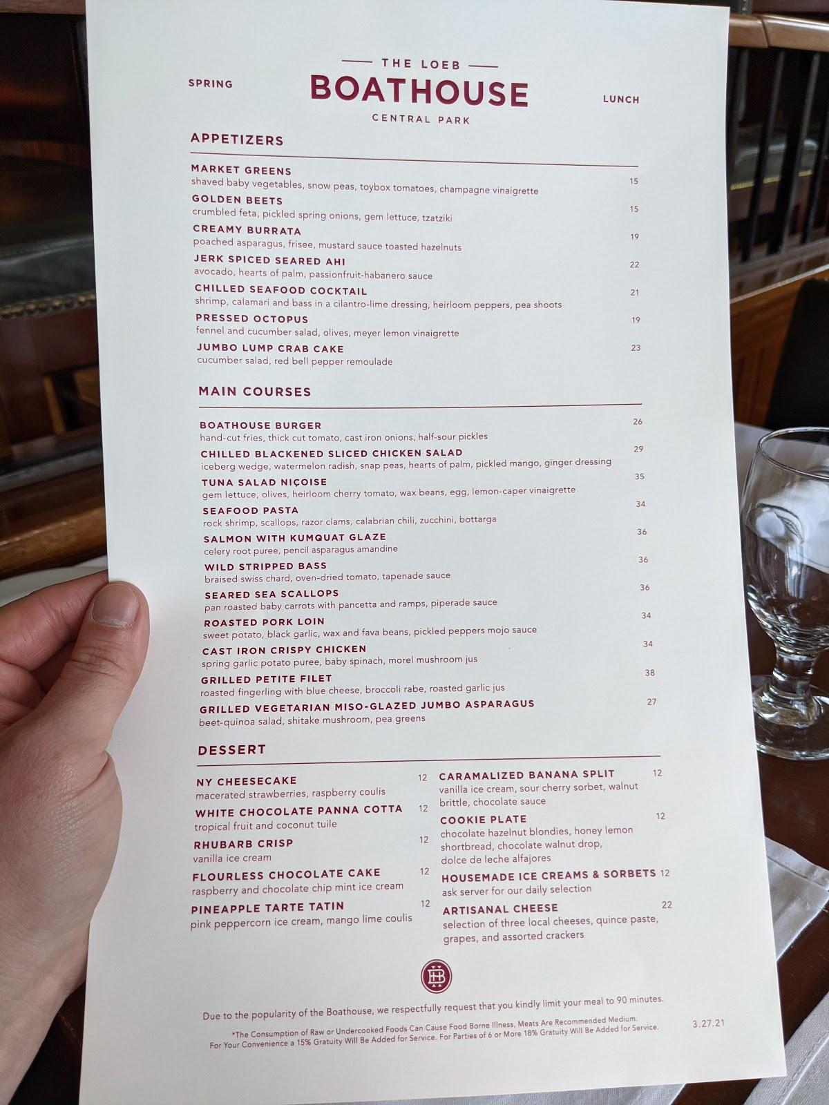 Menu at Central Park Boathouse restaurant, West New York