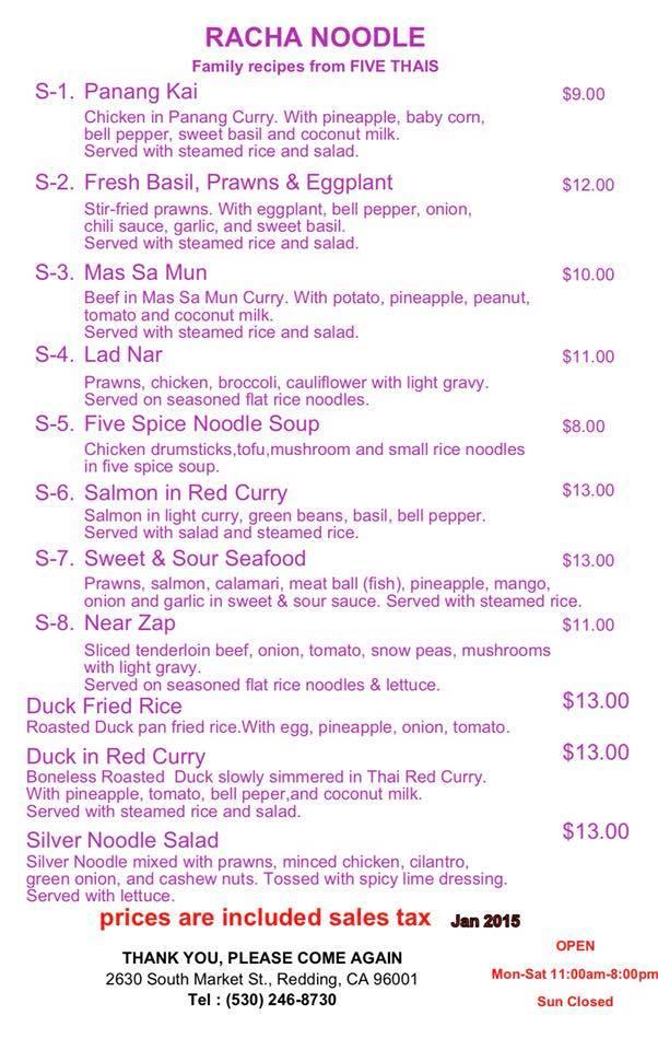Menu at Racha Noodle restaurant, Redding