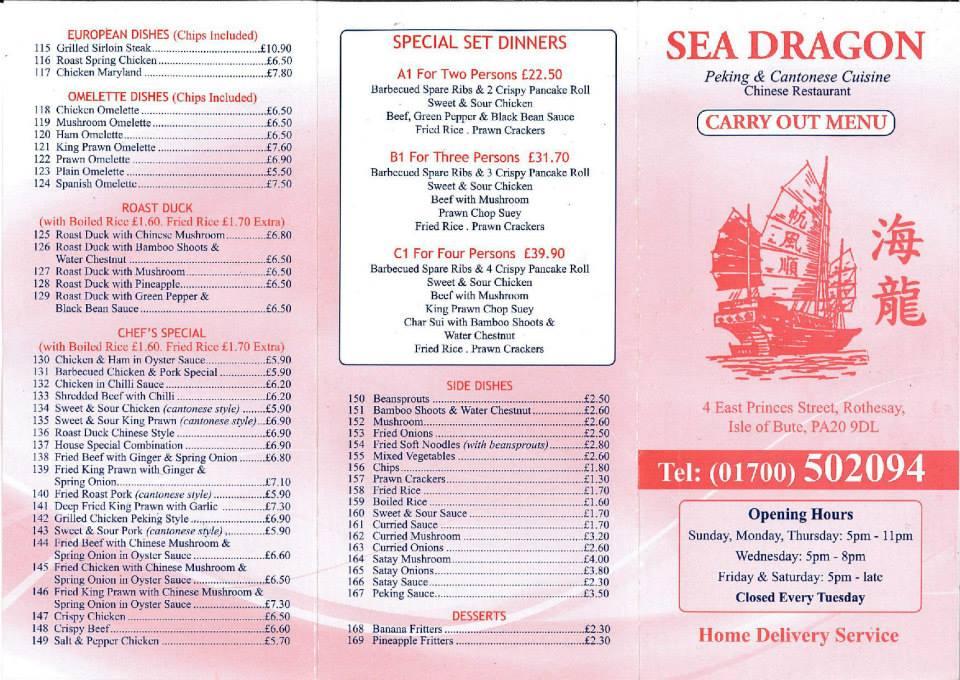 Menu at Sea Dragon Chinese Takeaway restaurant, Port Bannatyne