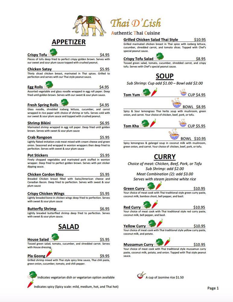 Menu at Thai D'Lish restaurant, Quincy