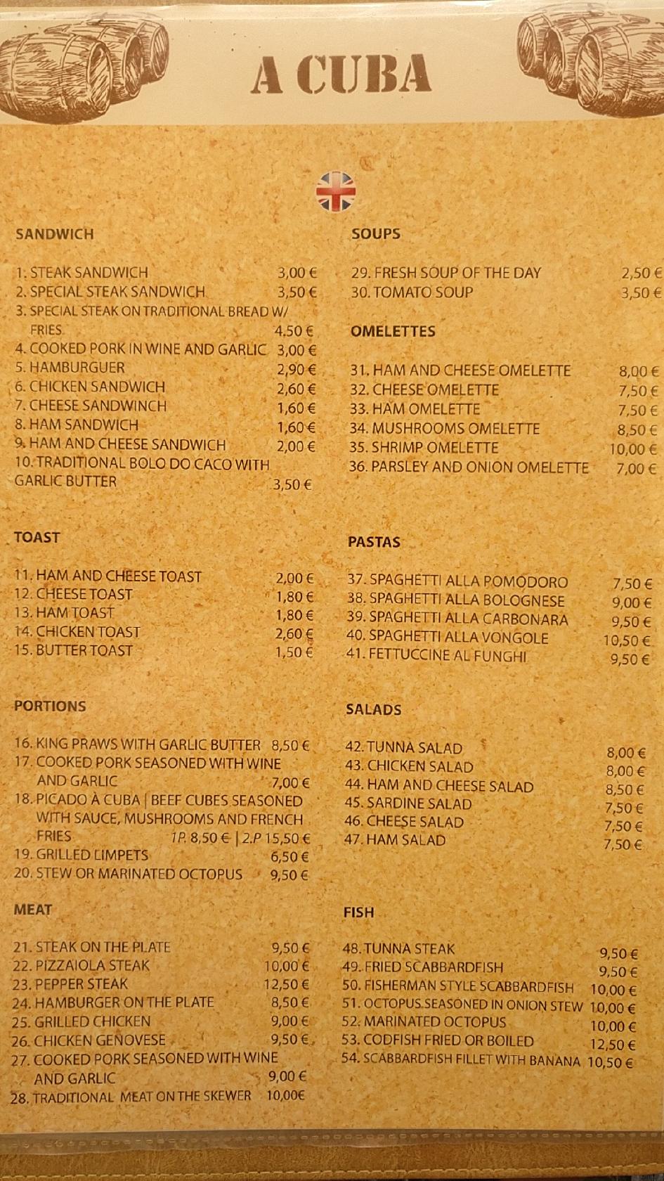 Menu at A Cuba Restaurante, Funchal