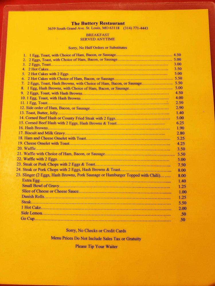 Menu at Buttery Restaurant, St. Louis