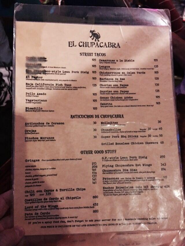 Menu at El Chupacabra pub & bar, Makati