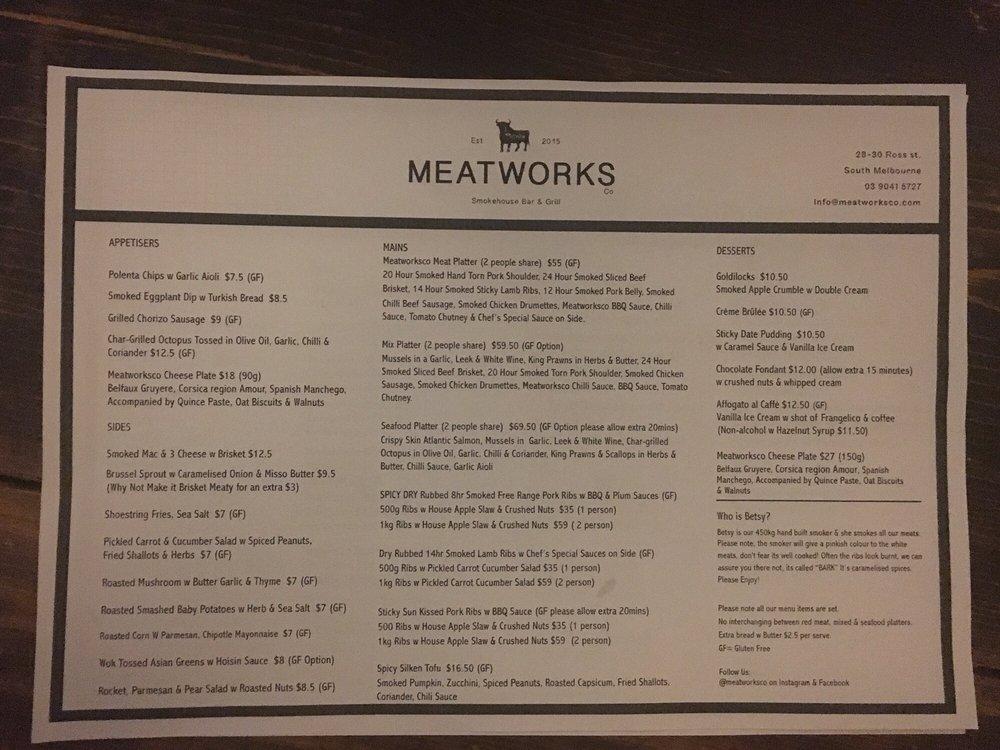 Menu at Meatworksco pub & bar, South Melbourne