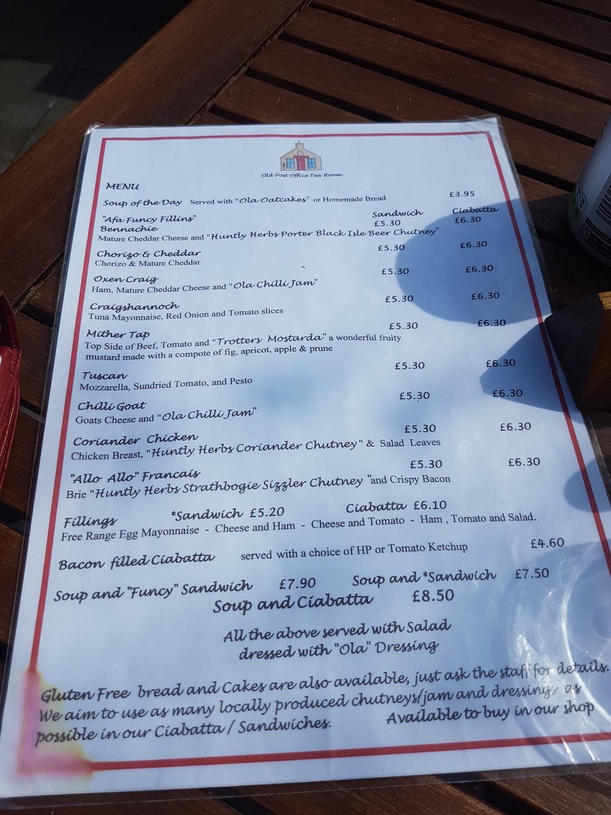 Menu at Old Post Office Tearoom cafe, Chapel of Garioch