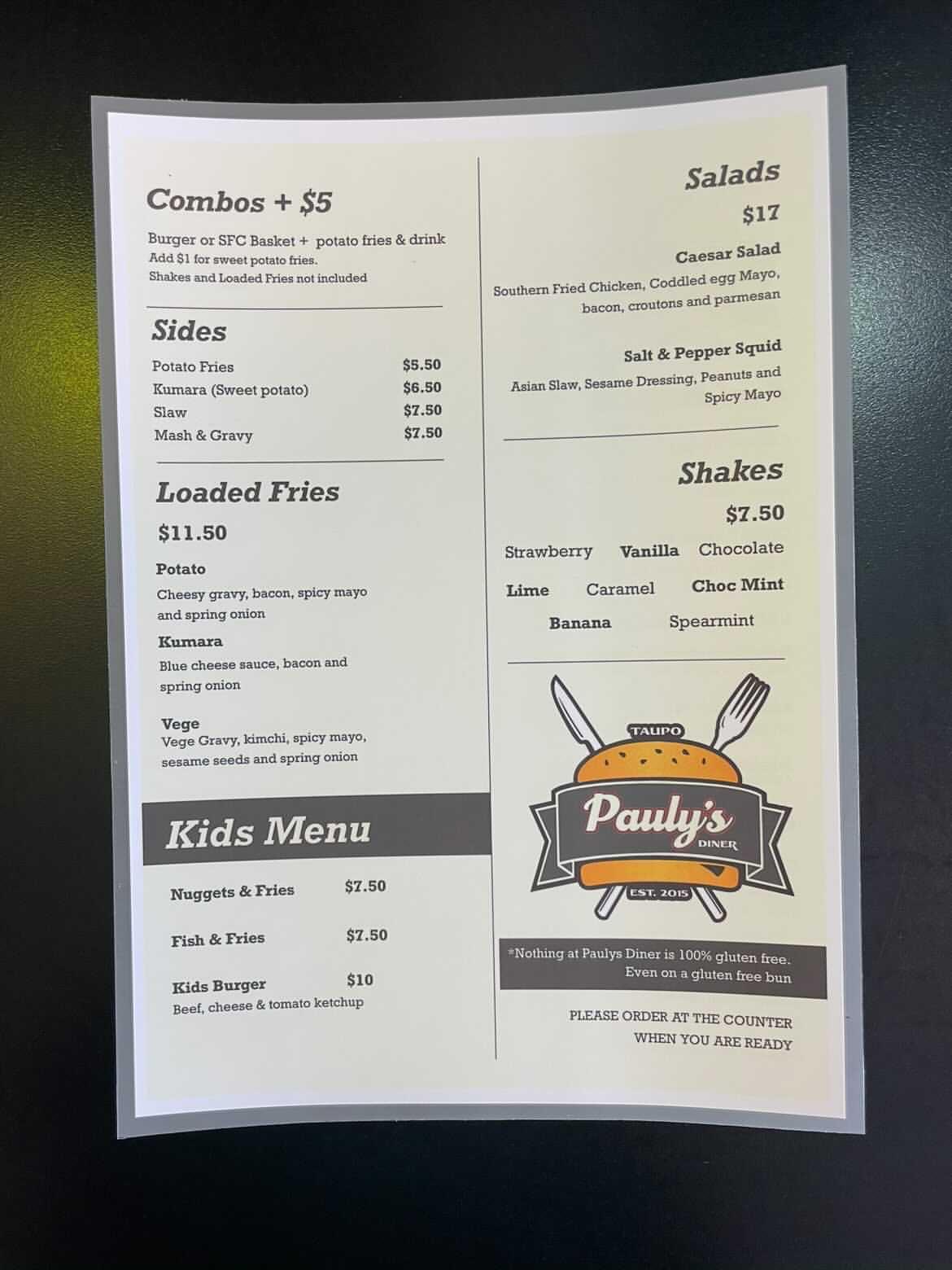 Menu at Pauly's Diner restaurant, Taupo