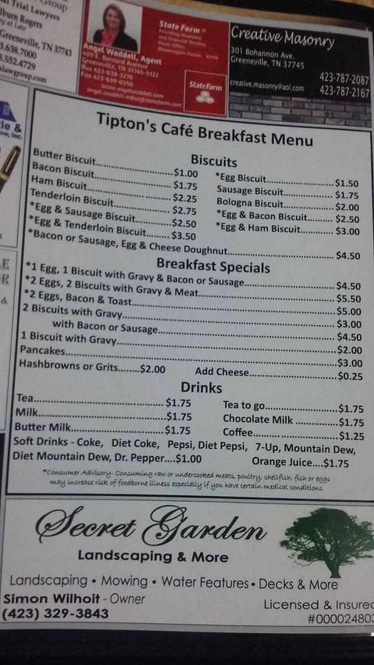 Menu at Tipton's Cafe, Greeneville