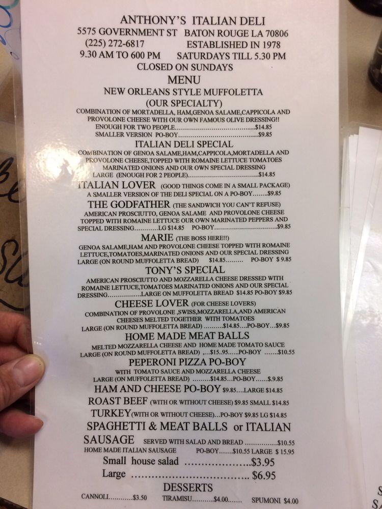 Menu at Anthony's Italian Deli restaurant, Baton Rouge, Government St